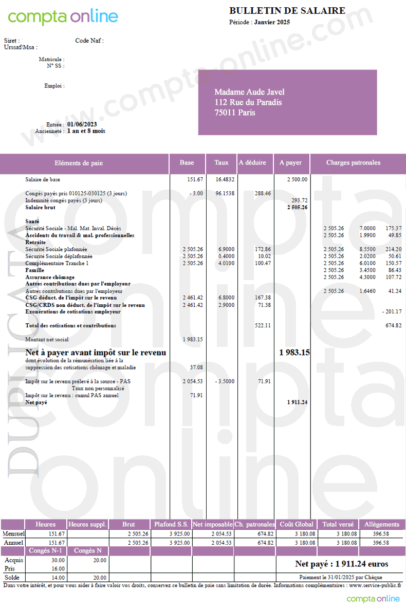 Posterreur Conges Payes Fiche De Paie