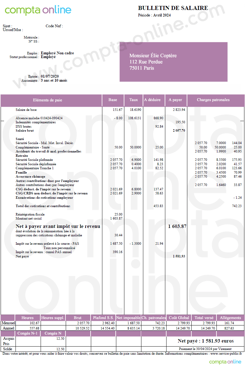 Fiche de paie avec maintien de salaire légal et absence maladie